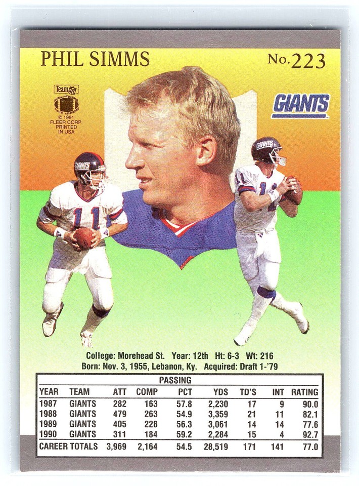 1991 Ultra #223 Phil Simms Football New York Giants | eBay