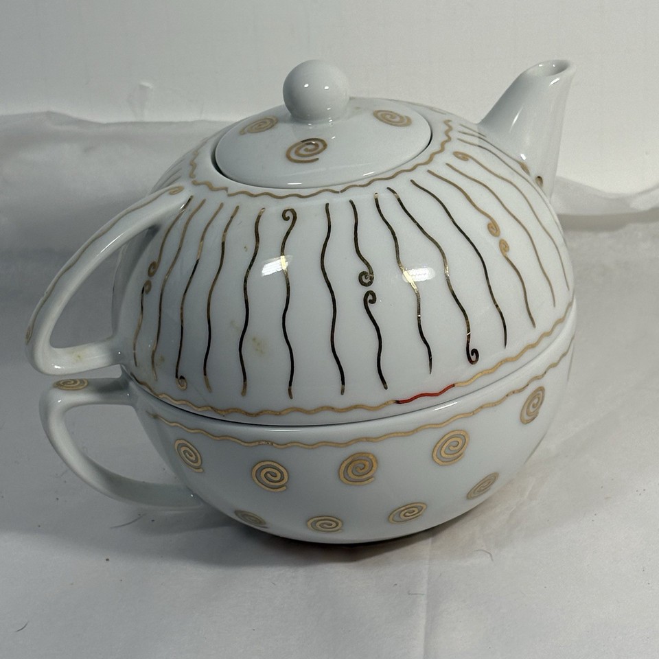 Pottery Barn Porcelain Pottery Teapot & Cup Mug Stackable Gold Swirl ...