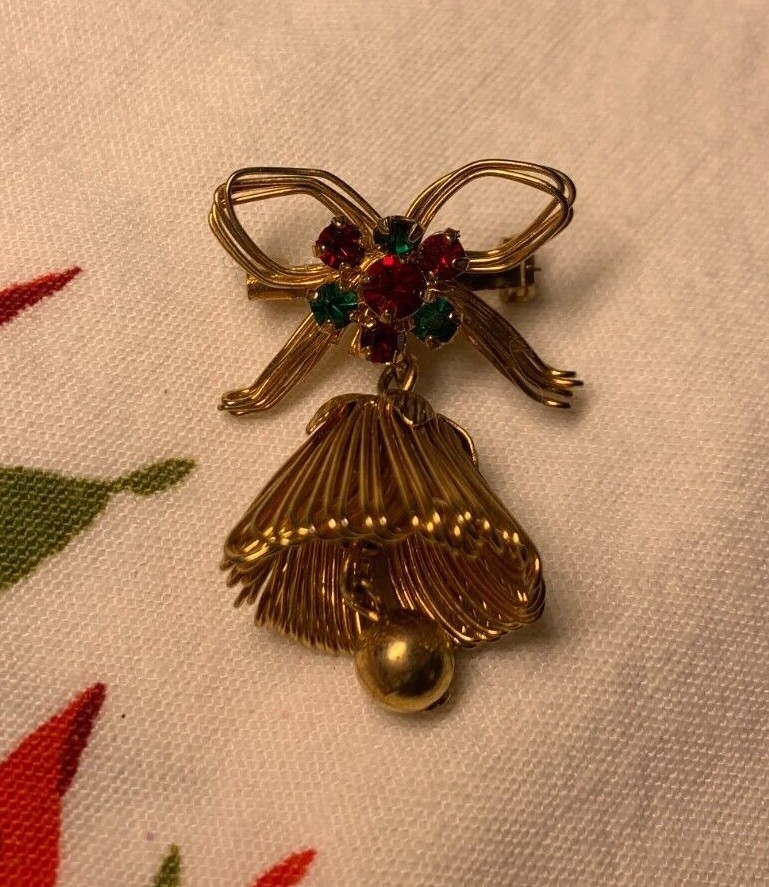 Vintage Christmas Pin Gold Dangle Bell with Rhinestones 1 5/8" #62 | eBay