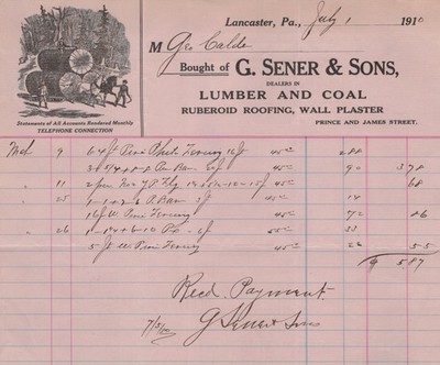 Lumber & Coal Sener & Sons Antique Pink Paper Receipt Bill 1910A12ii | eBay