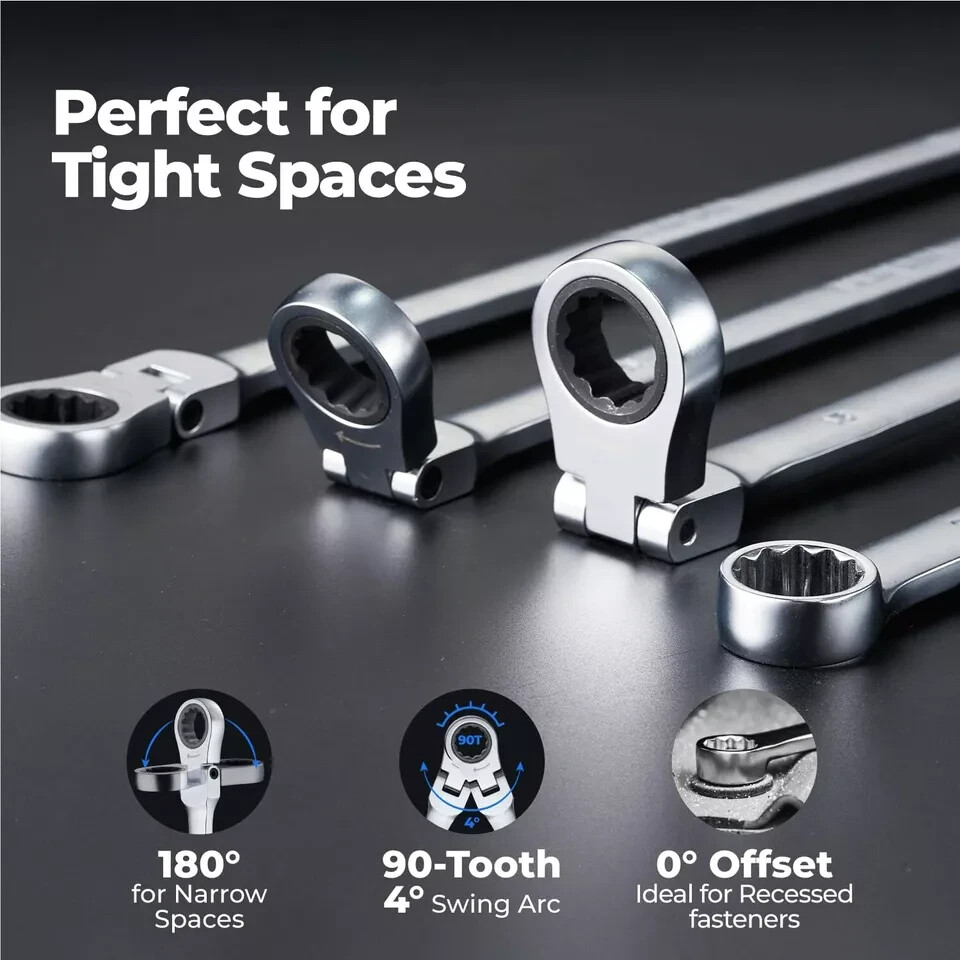 Extra Long Ratcheting Wrench Set, Flex Head & Fixed Offset Head Double ...