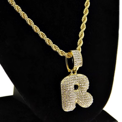 Bubble Letter R Initial Pendant Iced Simulated CZ Gold Plated Rope ...