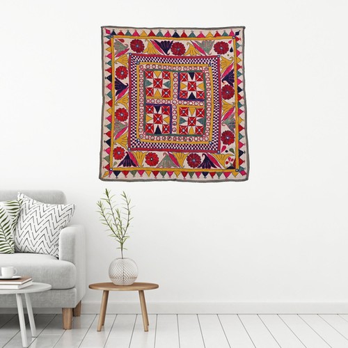 Vintage mirror work wall art multi thread work decor Gujarati textile 2 ...