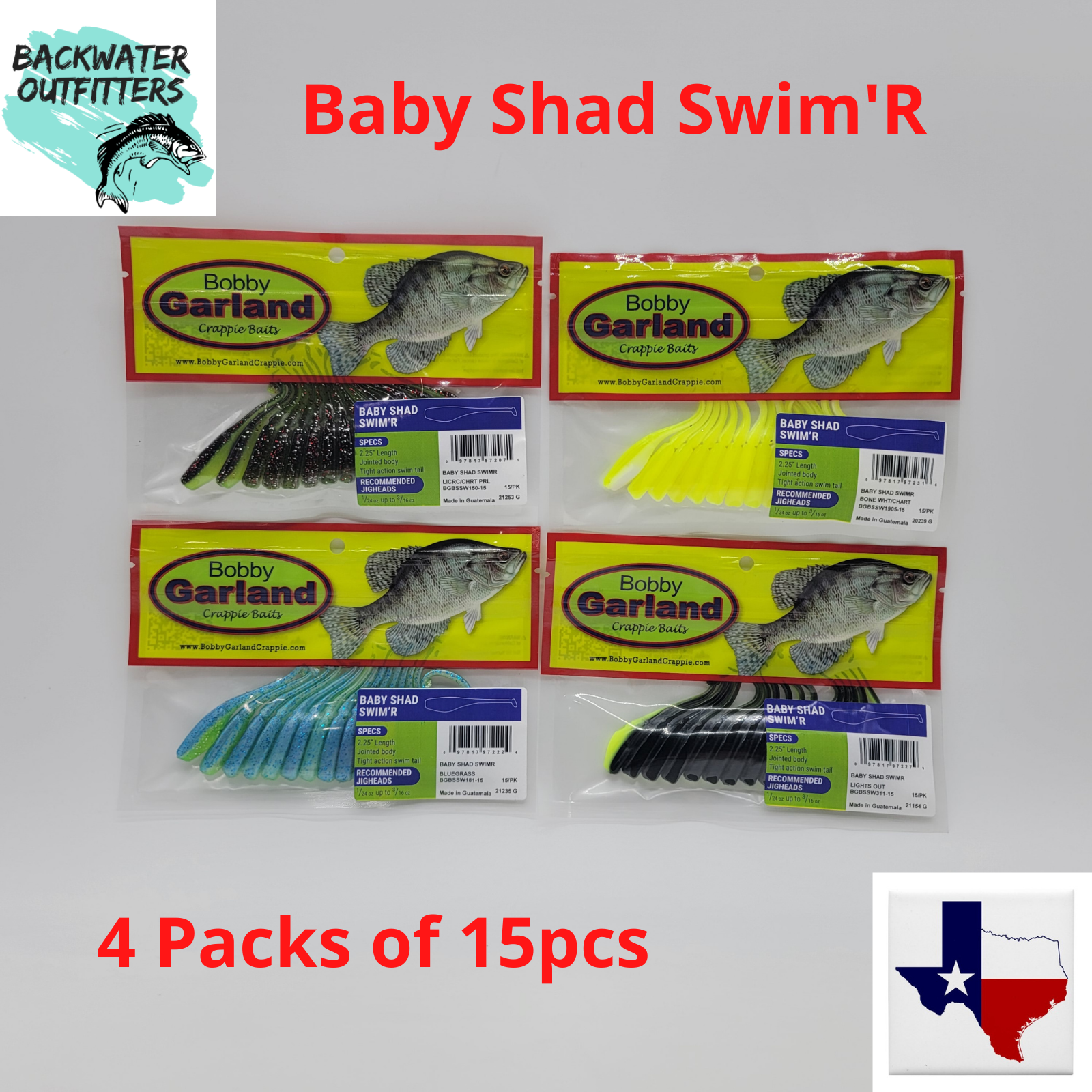 Bobby Garland Crappie Baits 2.25" Baby Shad Swim'R 4 Pcks of 15pcs Soft ...