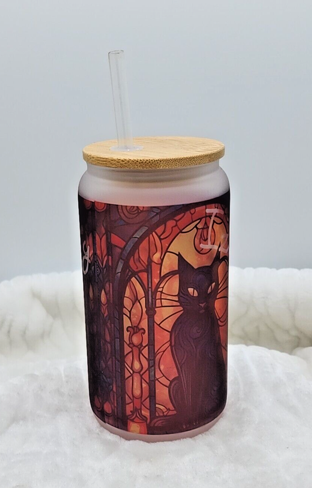 Izzy The Black Cat 16 oz Glass Can Tumbler with Bamboo Lid and Straw | eBay