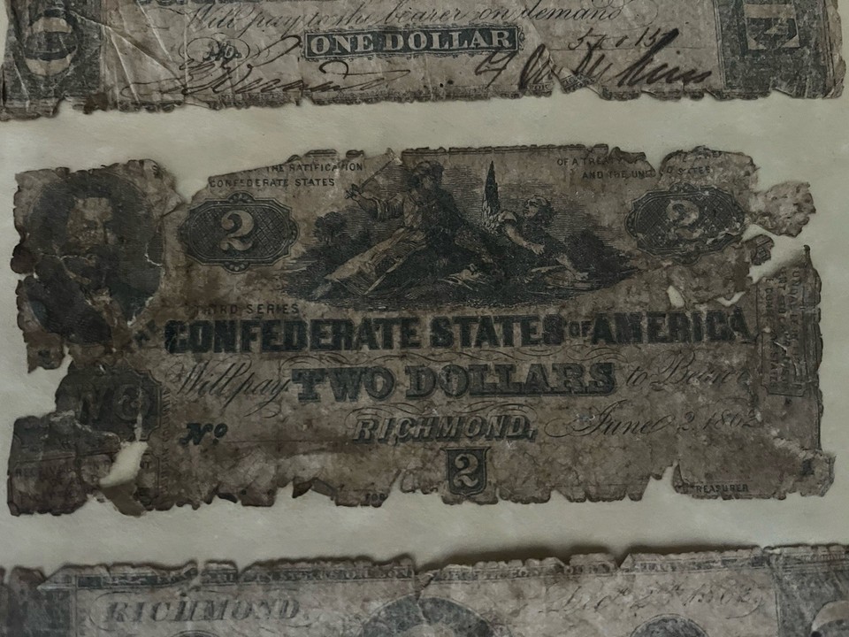 Three well worn $1 Confederate Notes- June 2, 1862 $2 Note And Dec ...