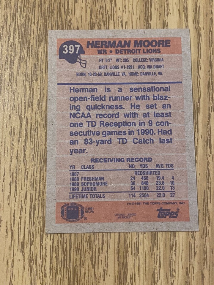 1991 Topps Herman Moore Draft Pick Rookie Detroit Lions RC #397 - C2 | eBay