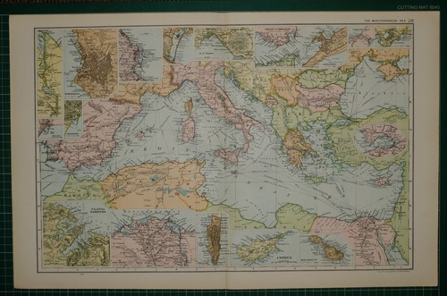1905 ANTIQUE MAP ~ MEDITERRANEAN SEA TURKEY ALGERIA ITALY GREECE CYPRUS ...