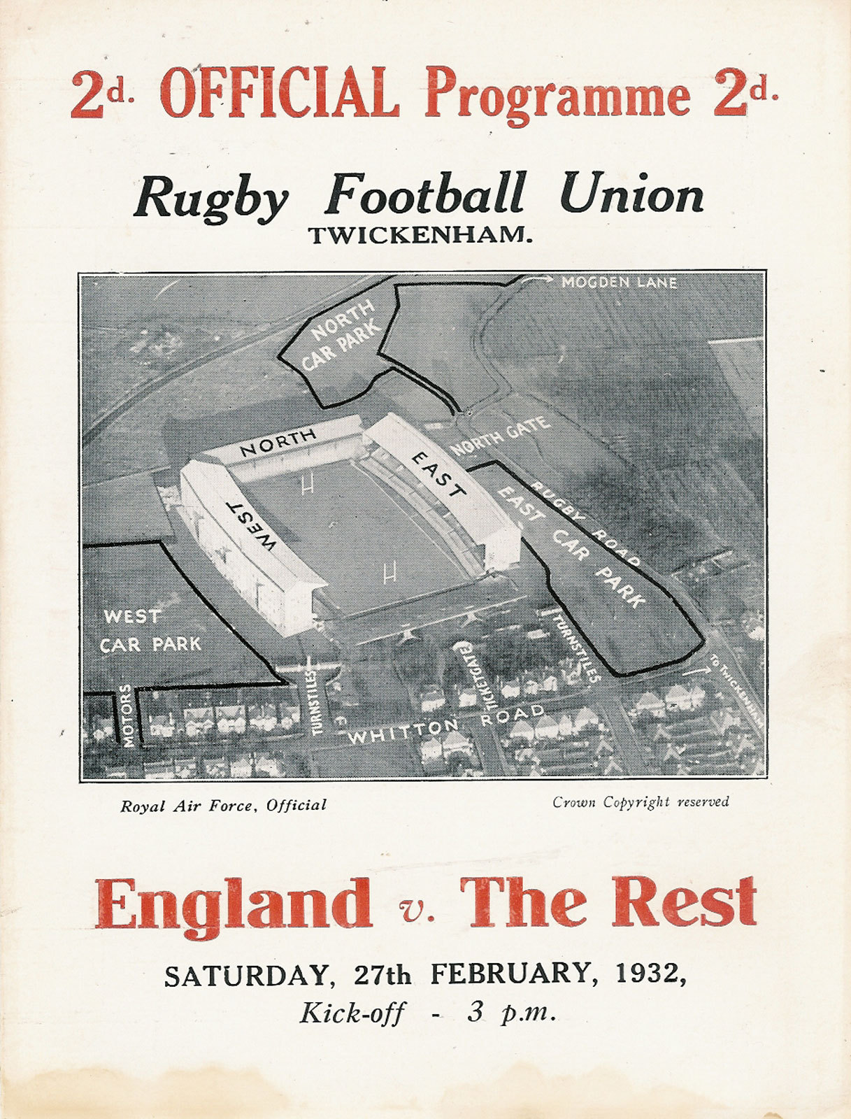 ENGLAND RUGBY INTERNATIONAL TRIAL PROGRAMME 27 Feb 1932 at TWICKENHAM ...
