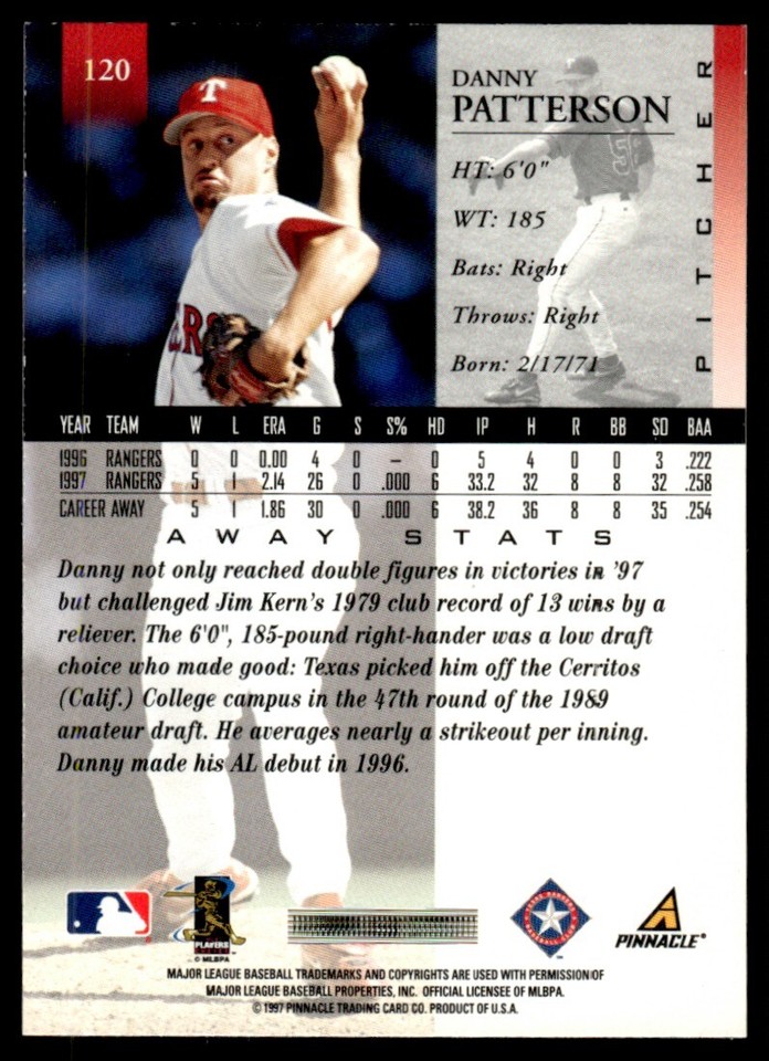 1998 Pinnacle Danny Patterson Texas Rangers #120 | eBay