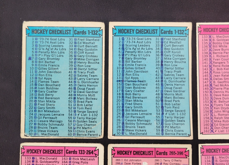 1974-75 0-PEE-CHEE 8 CARDS LOT MARKED CHECKLIST #54-162-311 NHL HOCKEY ...
