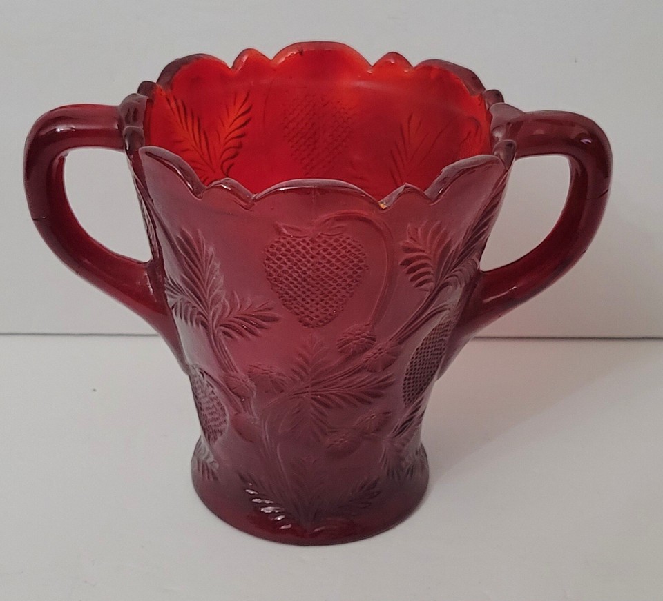 Vintage Mosser Red Glass Strawberry Double Handled Spooner Vessel Vase ...