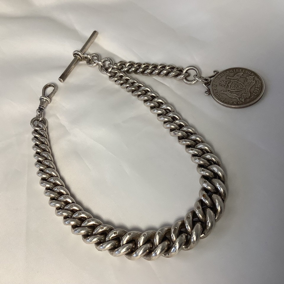 ALBERT CHAIN ANTIQUE 130g HEAVY GAGE” HM SILVER SINGLE GRADUATED COIN ...