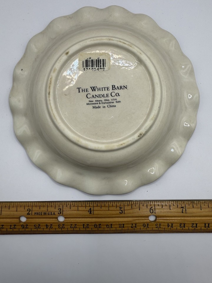 Vintage White Barn Candle Plate Ceramic Ruffled Pie Plate Farm Bath ...