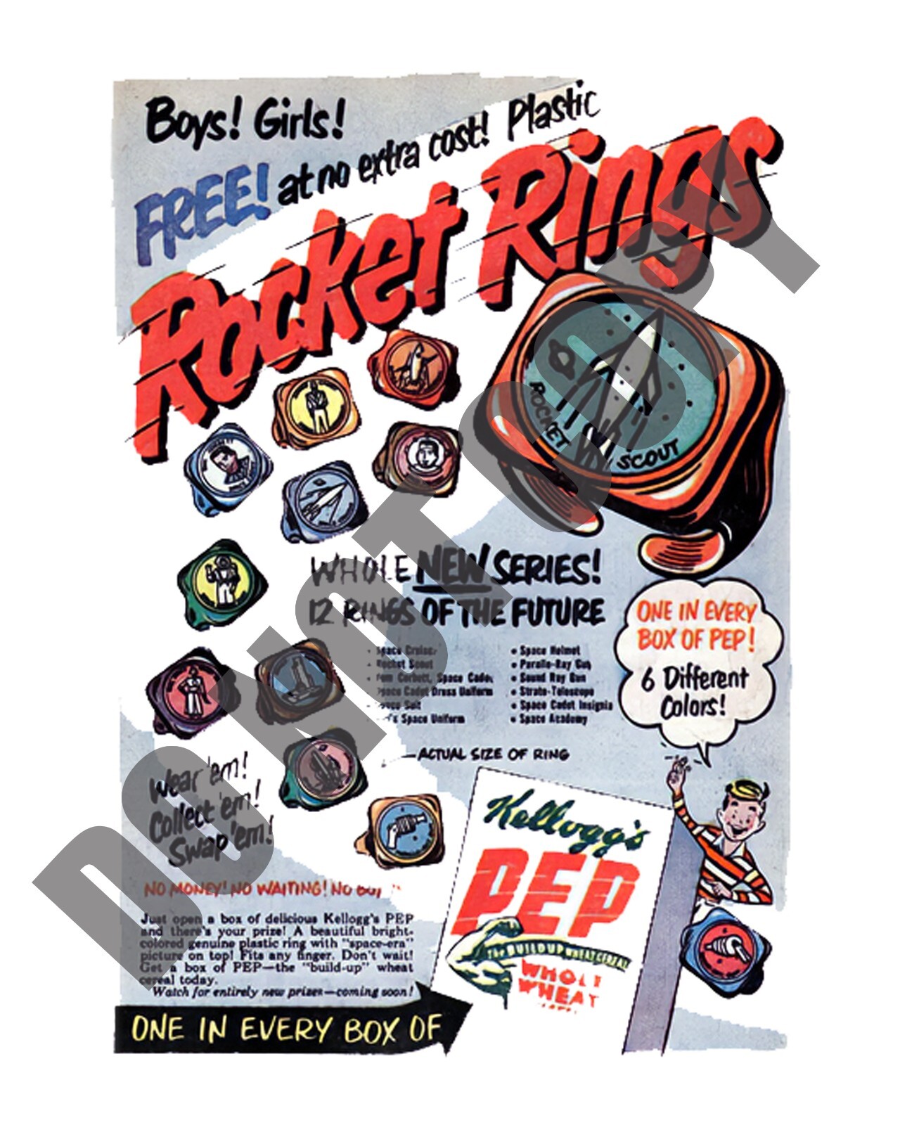 Kelloggs Pep Whole Wheat Cereal Rocket Rings Toy In Box Comic Book Ad 8x10 Photo | eBay