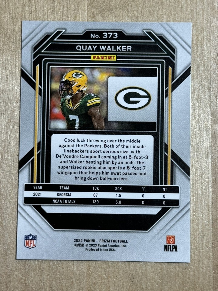 2022 Green Bay Packers ROOKIE Quay Walker Panini Prizm ROOKIE CARD #373 ...