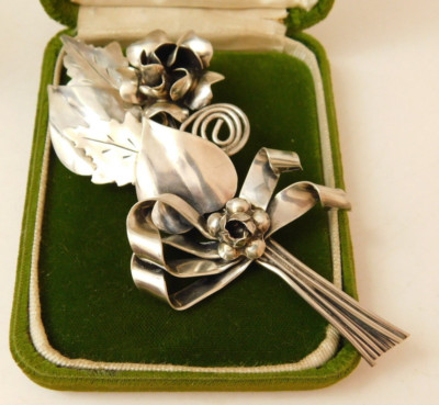 Vintage RAFFAELE Sterling Silver Large Flower Bouquet Leaf Brooch Pin ...