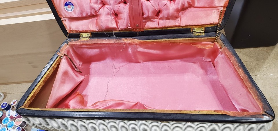 vintage 1950s 1960s lift lid sewing box, sewing basket, foot stool with ...