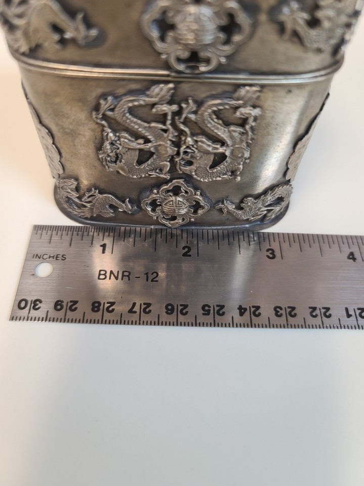 VTG Chinese Metal Hand Carved Dragon Phoenix Tabacco/ Tea Box With Foo ...