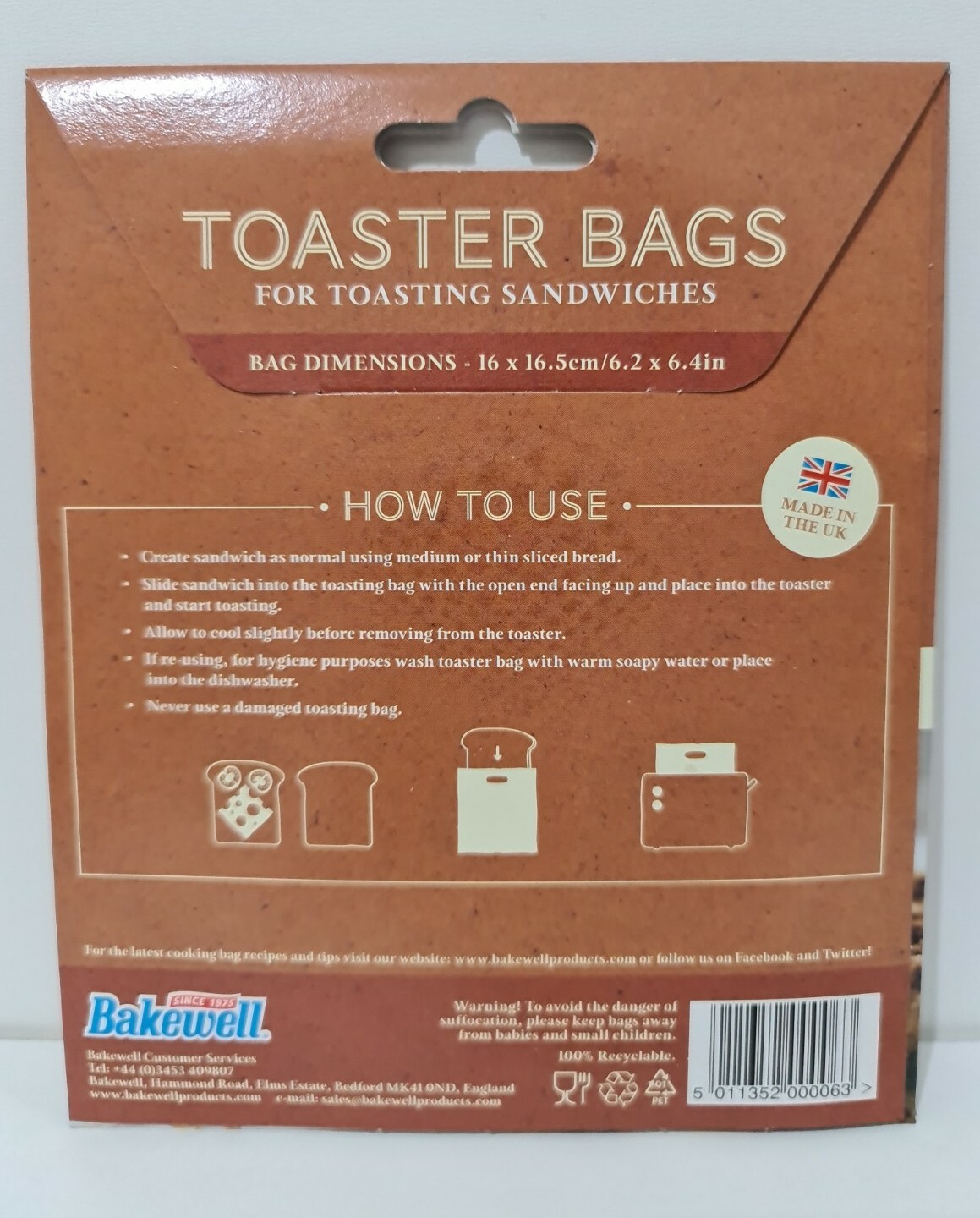 Bakewell Toaster Bags x 2 for Toasting Sandwiches 16 x 16.5cm Reusable ...