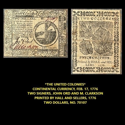 1776 THE UNITED COLONIES Continental Currency $2, Ivy Mills, Chester ...