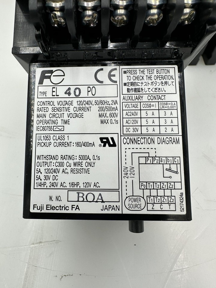 FUJI ELECTRIC EL40P0-2/5-V12- 00415UL Earth Leakage Protective Relay ...