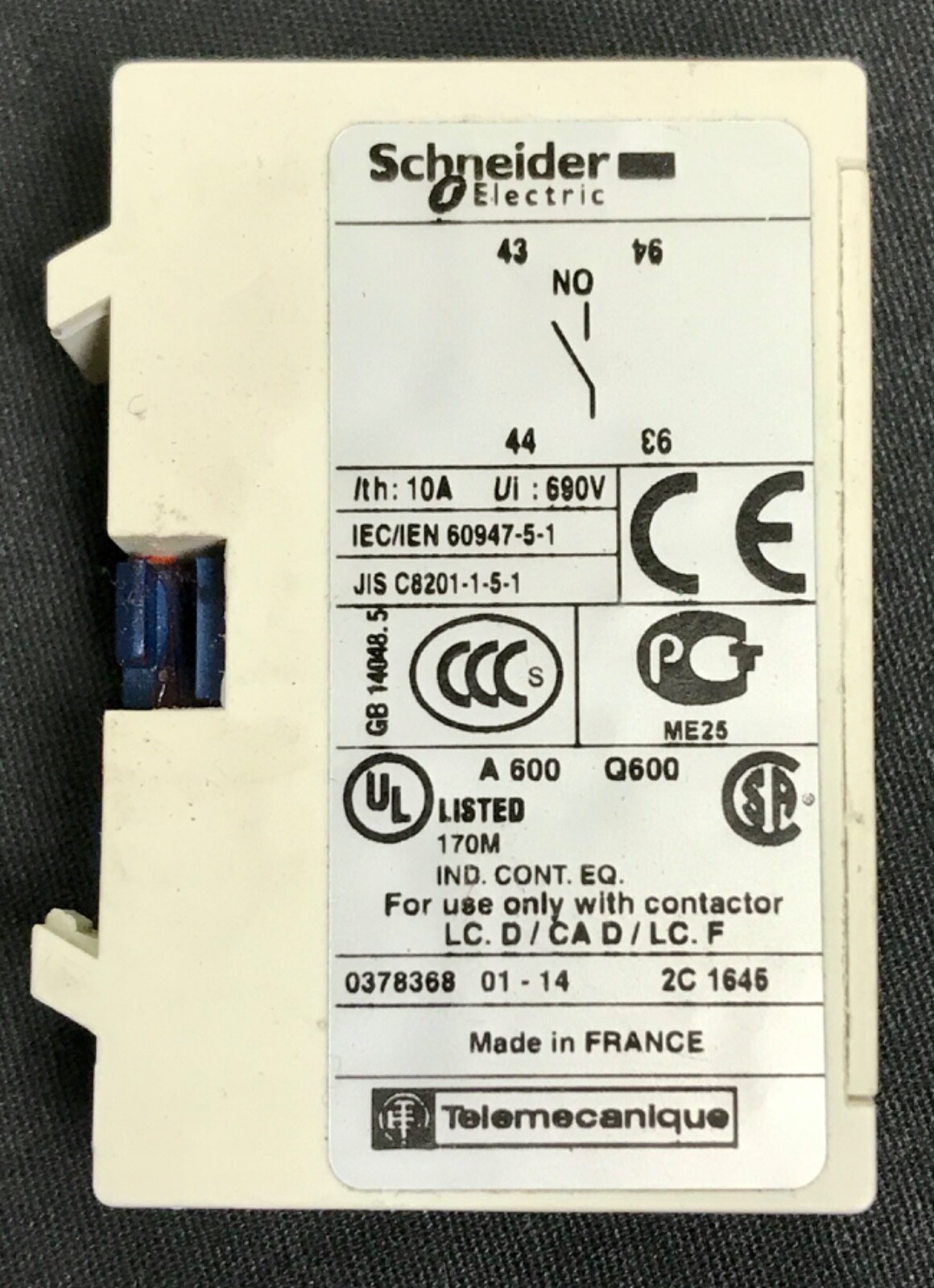 SCHNEIDER ELECTRIC LADN10 NO Auxiliary Contact Block TeSys 038374 | eBay