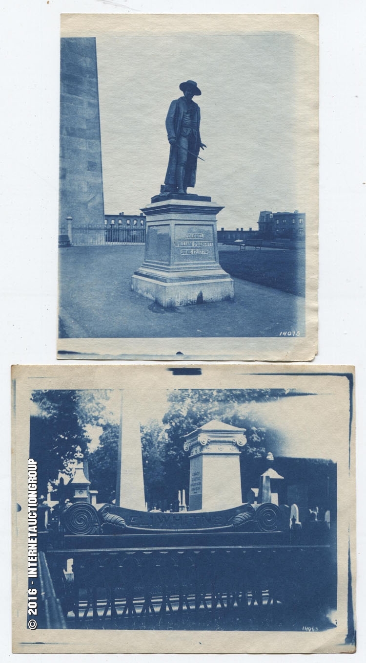 VINTAGE CYANOTYPE PHOTOS, COL. WILLIAM PRESCOTT, STATUE AND ELI WHITNEY ...
