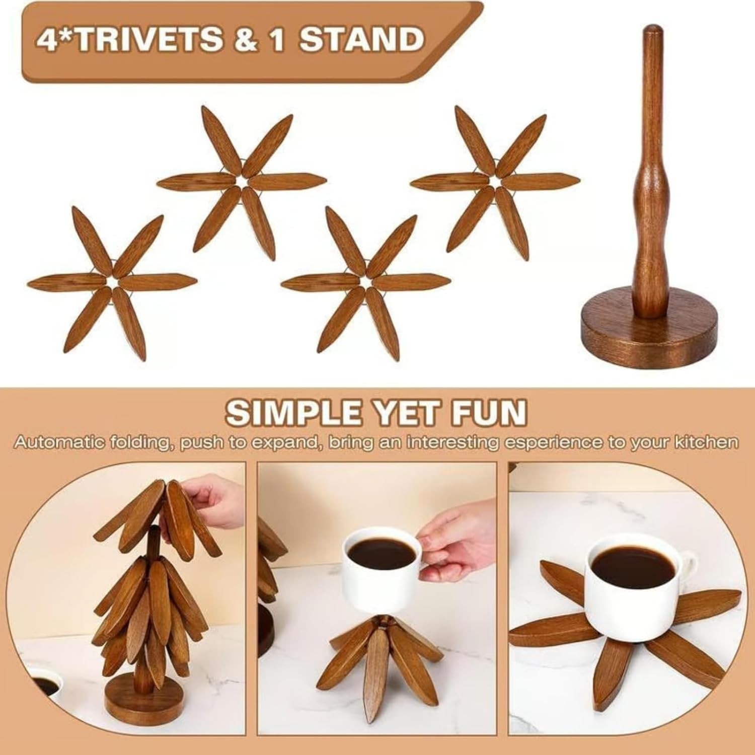 🎄Wooden Trivets for Hot Dishes, Tree Shape Trivet Set, 4 Walnut Mats+ 1 ...