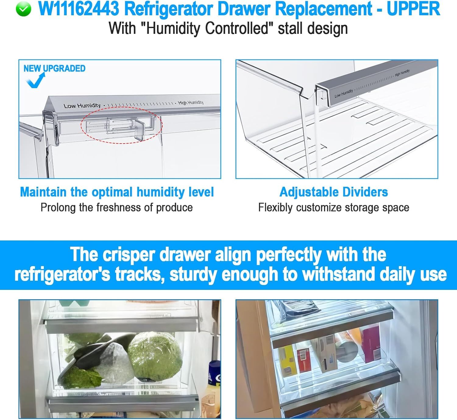 2 PACK W11162443 Refrigerator Crisper Drawer For Whirlpool W10899435 ...