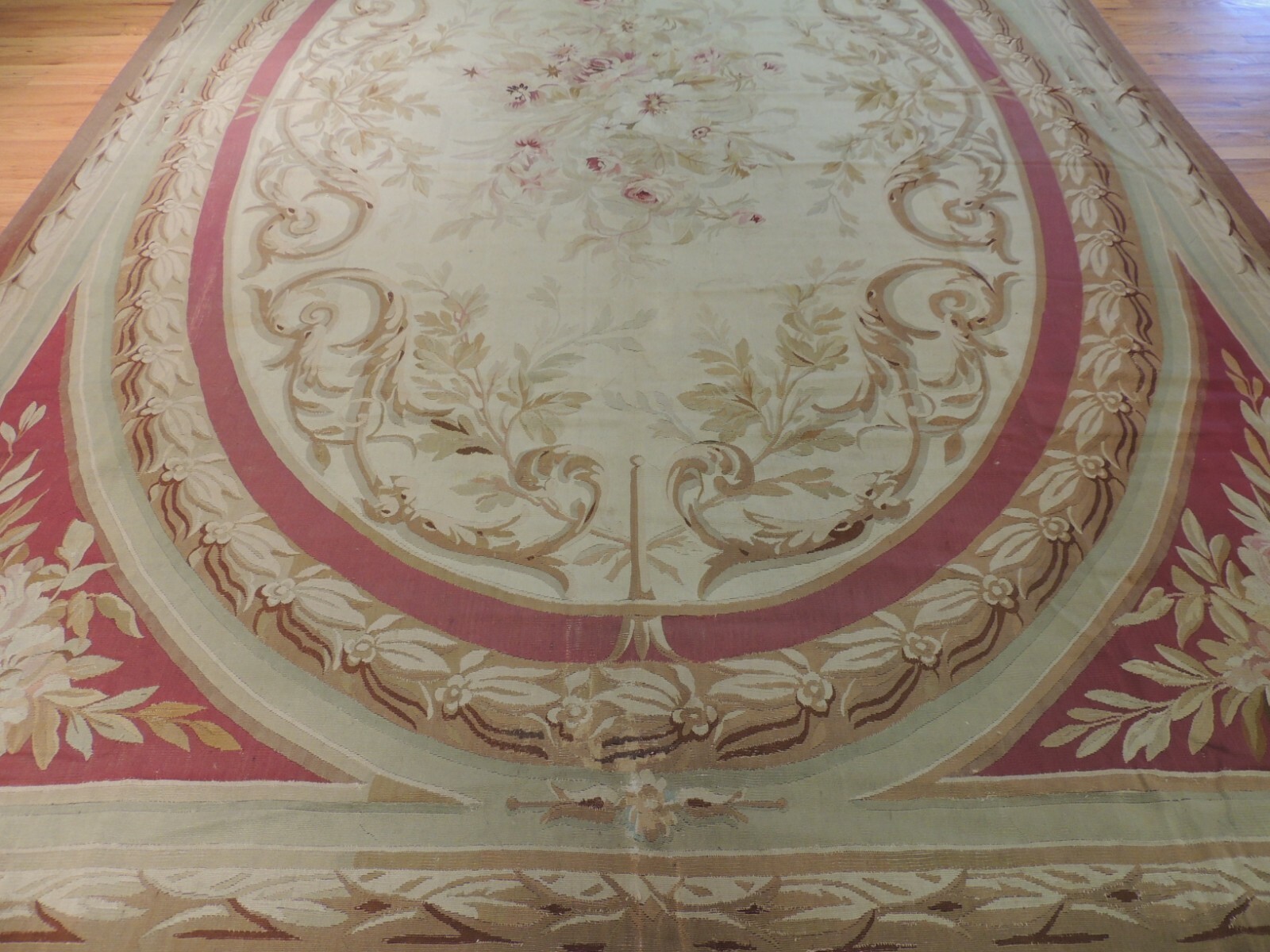 French Aubusson 9x12, 9x13 ca1885 Genuine Antique Area Rug Red Beige ...