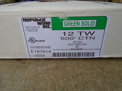 Republic Wire 12 AWG TW Solid Green copper wire 600 volt 500ft Boxed ...