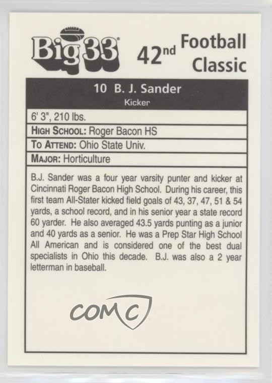 1999 PNC Big 33 Football Classic BJ Sander #OH10 0q3 | eBay