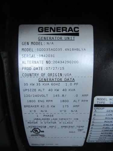 35 KW GENERATOR GENERAC NAT GAS LP PROPANE 120/240 V 1 PH 40KW 2015 133 ...