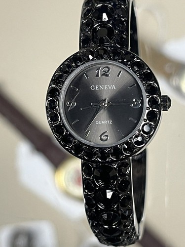 Geneva Black Rhinestone Cuff Style Metal Quartz Ladies Watch | eBay