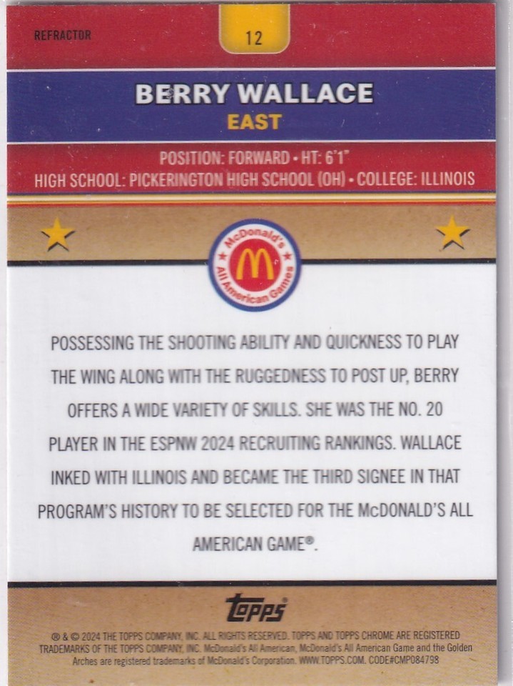 2024 Topps Chrome McDonalds All-American No. 12 Berry Wallace Refractor ...