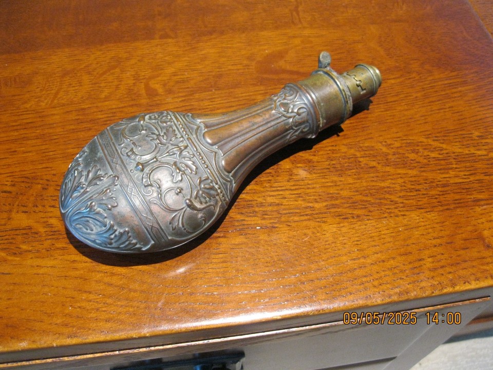 ANTIQUE ENGLISH BLACK POWDER GUN FLASK BY C. & J.W. HAWKSLEY, CIRCA ...