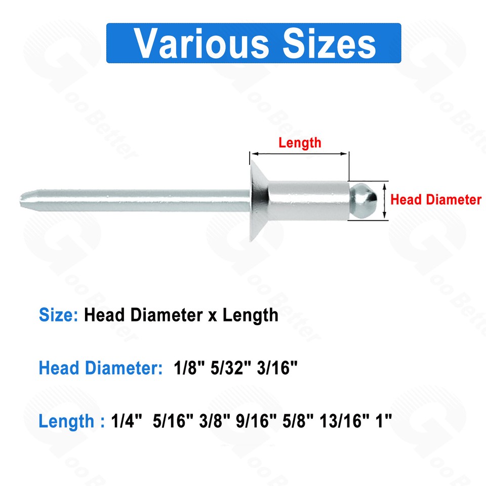 1/8" 5/32" 3/16" Aluminum Blind Pop Rivet Countersunk Flat Head Length ...