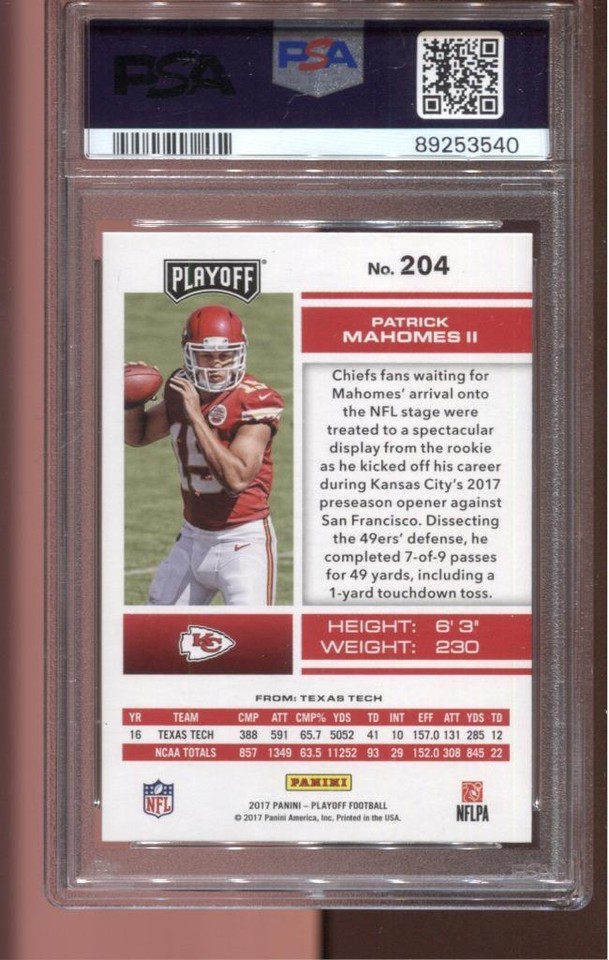2017 Patrick Mahomes Playoff #204 PSA 10 Gem Mint RC Rookie Chiefs | eBay