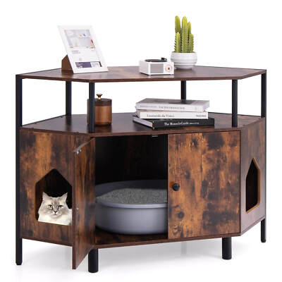 Corner Cat Litter Box Enclosure End Table w/2 Entries Double Doors Open ...
