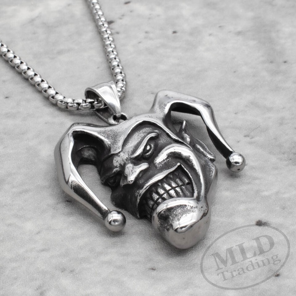 Silver Stainless Steel Evil Clown Jester Joker Pendant Necklace w 22 ...