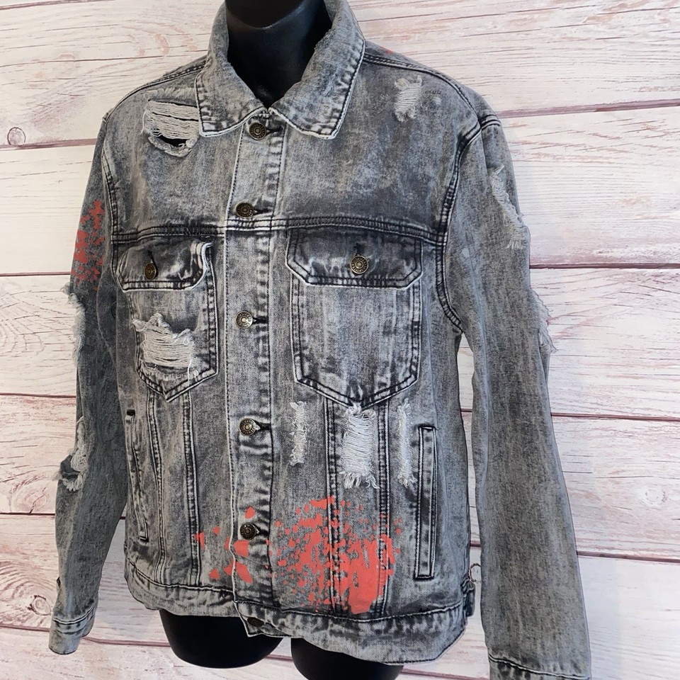 Smoke & Ash Denim Jacket Mens S Gray Distressed Samurai Graphic Bushido ...