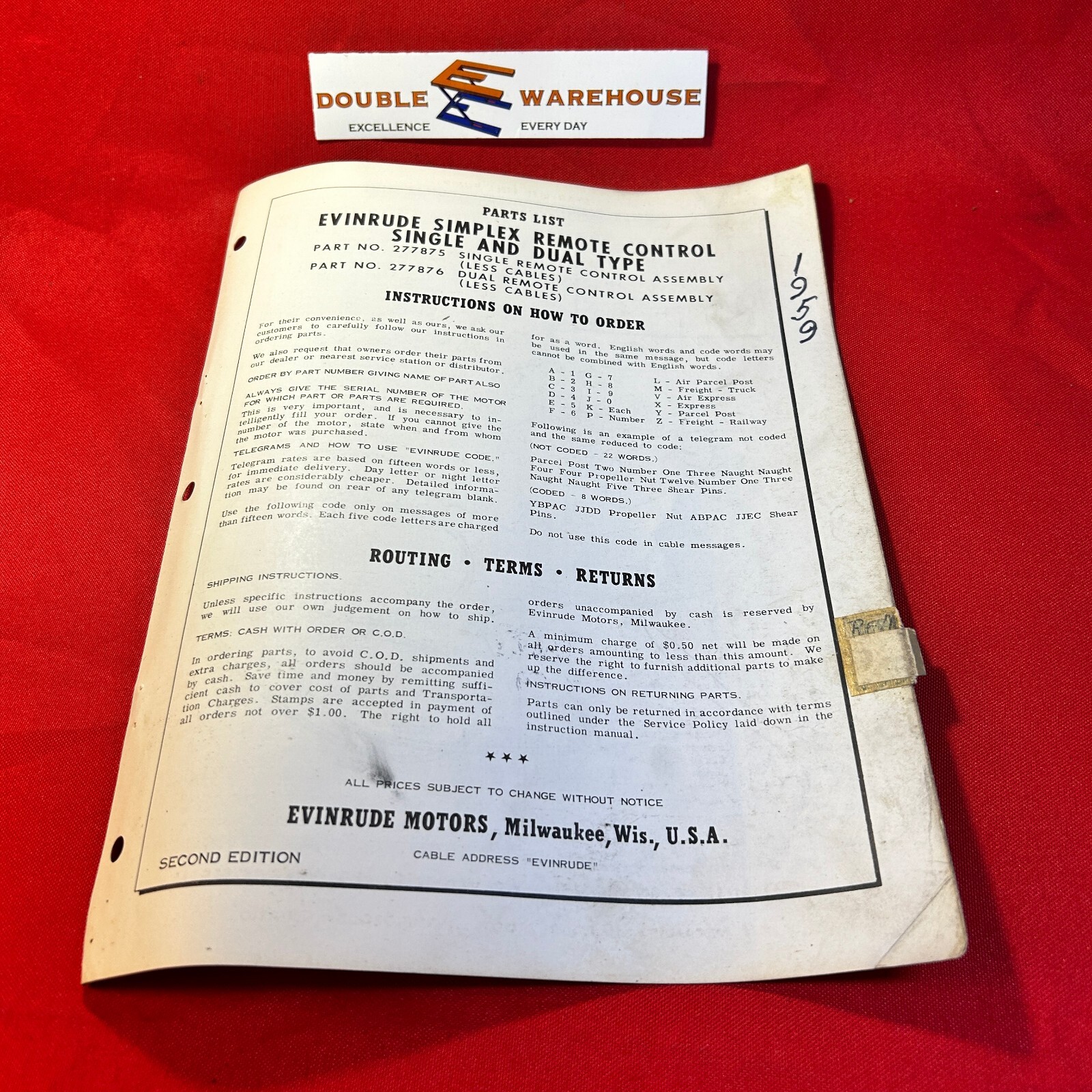 1959 Evinrude Parts List Simplex Remote Control Single Dual Type 277875 ...