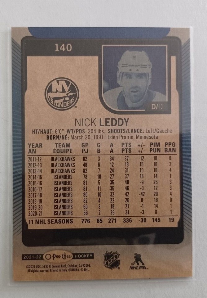 2021-22 O-Pee-Chee OPC Nick Leddy Blue Border Parallel- New York ...