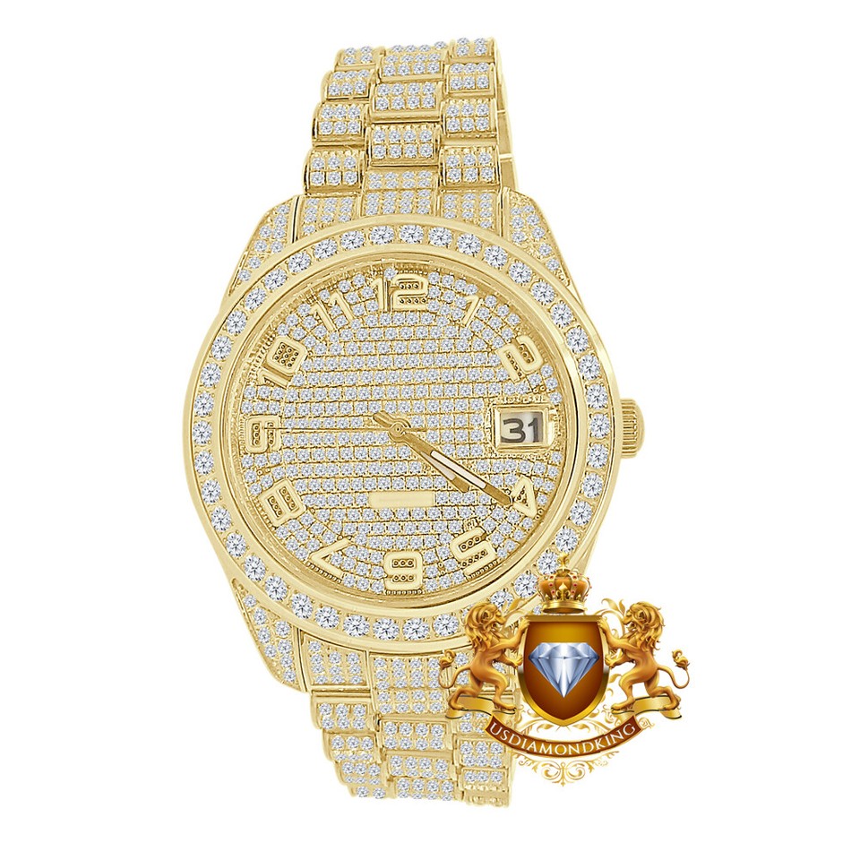 Full Solid Steel 18K Yellow Gold Tone Simulated Diamond Luxury Watch ...