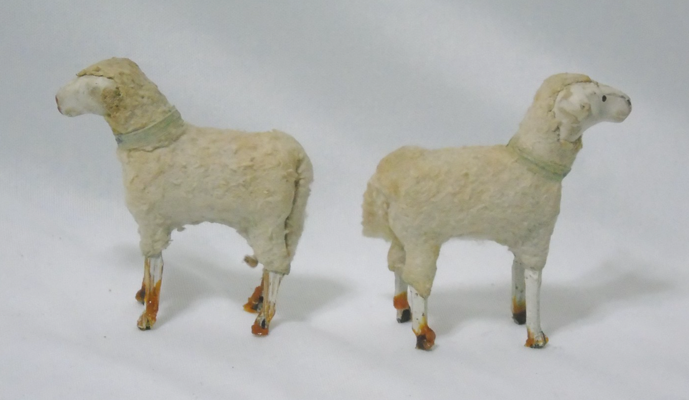 2 Wood Stick Leg German Vintage PUTZ Wooly Sheep/Lamb Nativity 2.5"h 2. ...