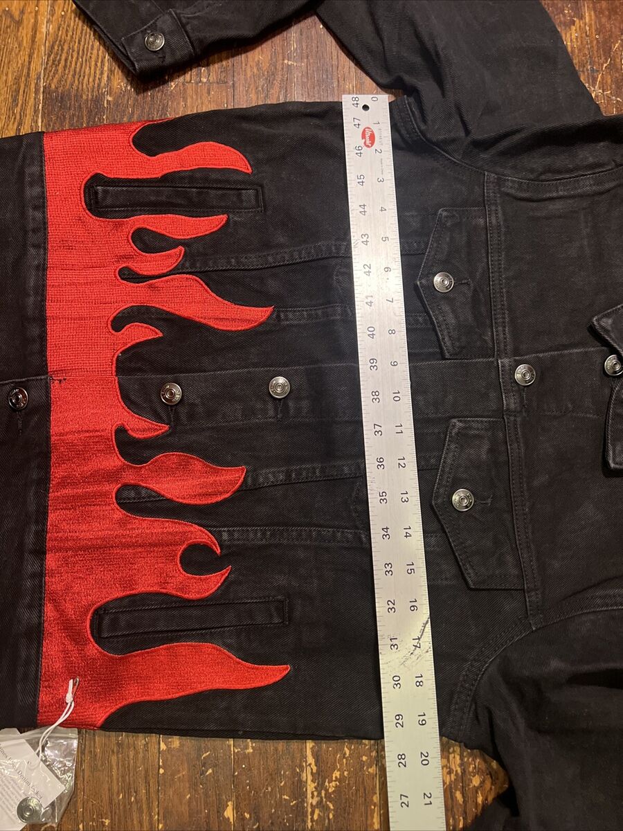 THE MET Black Denim Jacket X-small Flames Embroidered New THE MET Black Denim Jacket X-small Flames Embroidered New
