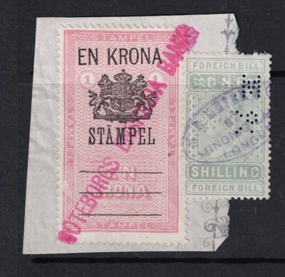 Great Britain En Krona Stampel & 1 Shilling Foreign Bill On Piece ...