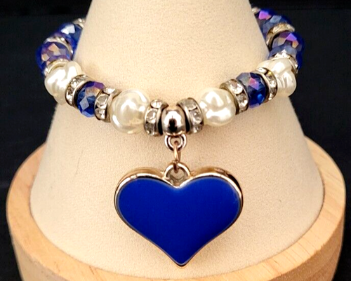 Silver Tone Stretch Bracelet Blue Enamel Heart Charm Crystals Glass ...