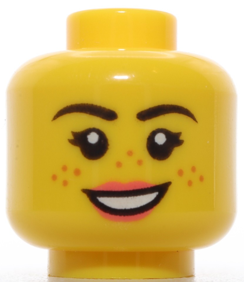 Lego Minifig Head Dual Sided Female Freckles Pink Lips Raised Eyebrow ...